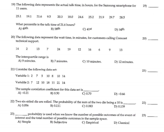 Solved 19 The Following Data Represents The Actual Talk Chegg