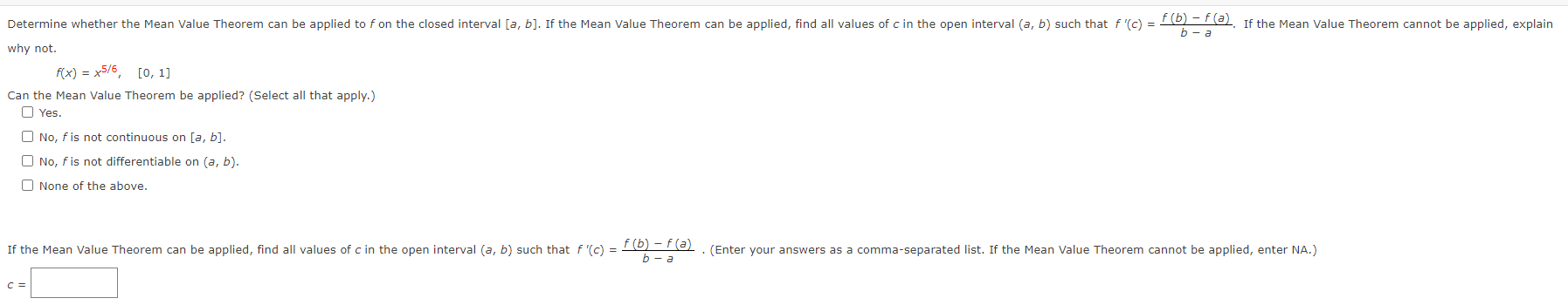 Solved why not.f(x)=x56,[0,1]Can the Mean Value Theorem be | Chegg.com