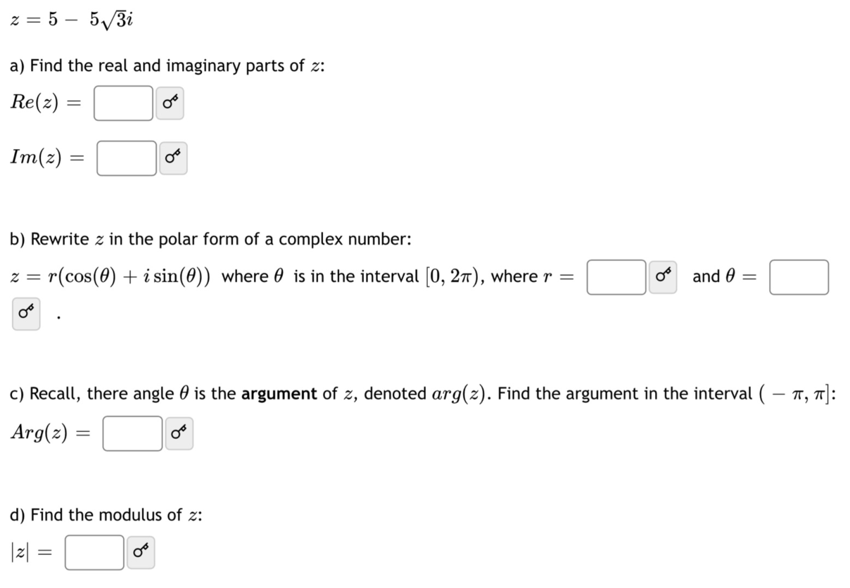 Solved z=5-532iaz ﻿:Re(z)=,08Im(z)=,08bz in ﻿the polar form | Chegg.com