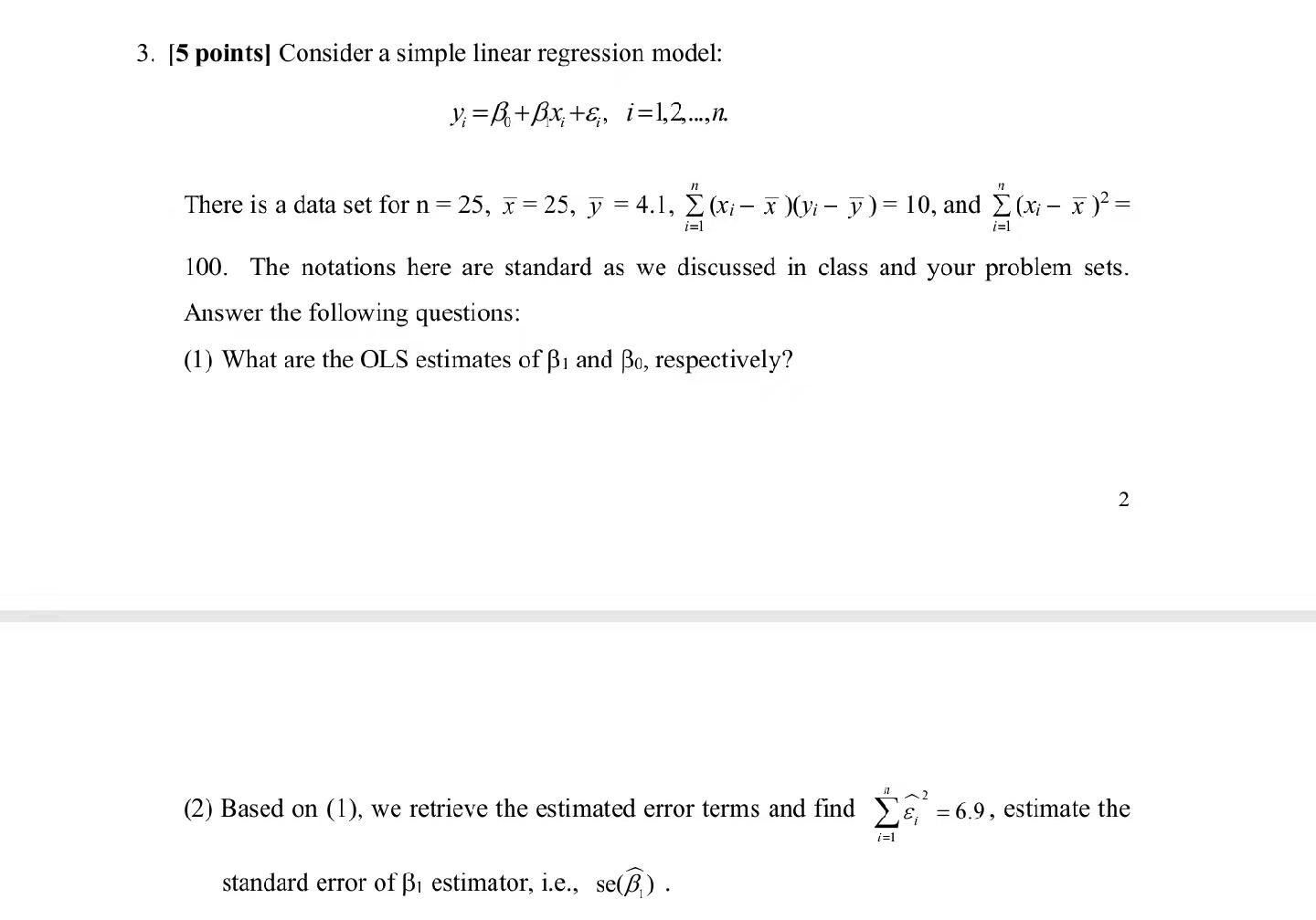 Solved 3. [5 points] Consider a simple linear regression | Chegg.com