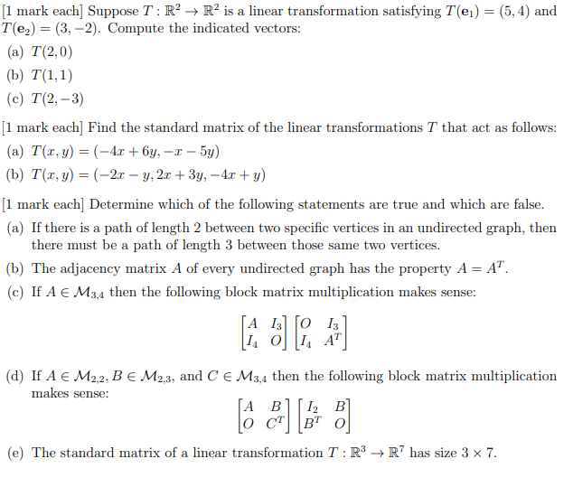 Solved [1 mark each] Suppose T : R2 + R2 is a linear | Chegg.com