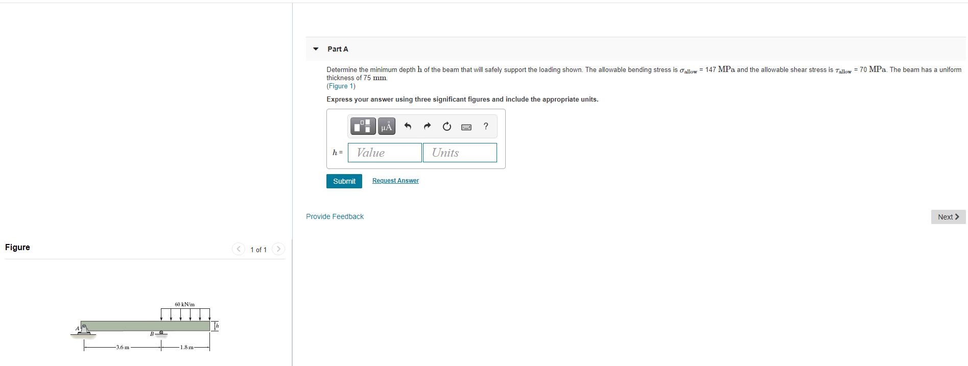 Solved Part A Determine the minimum depth h of the beam that | Chegg.com