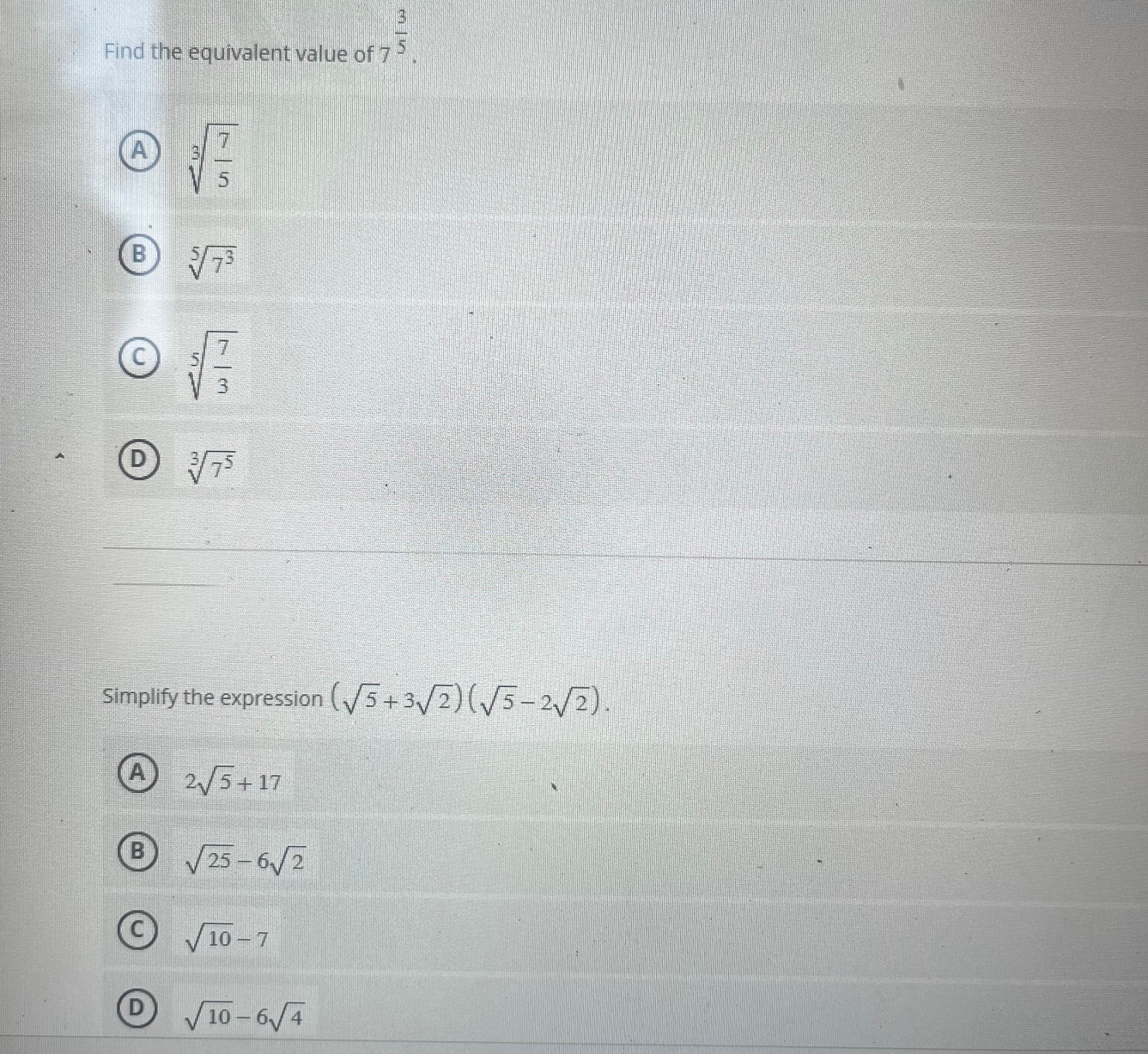 Solved Find the equivalent value of \\( 7^{\\overline{5}} | Chegg.com