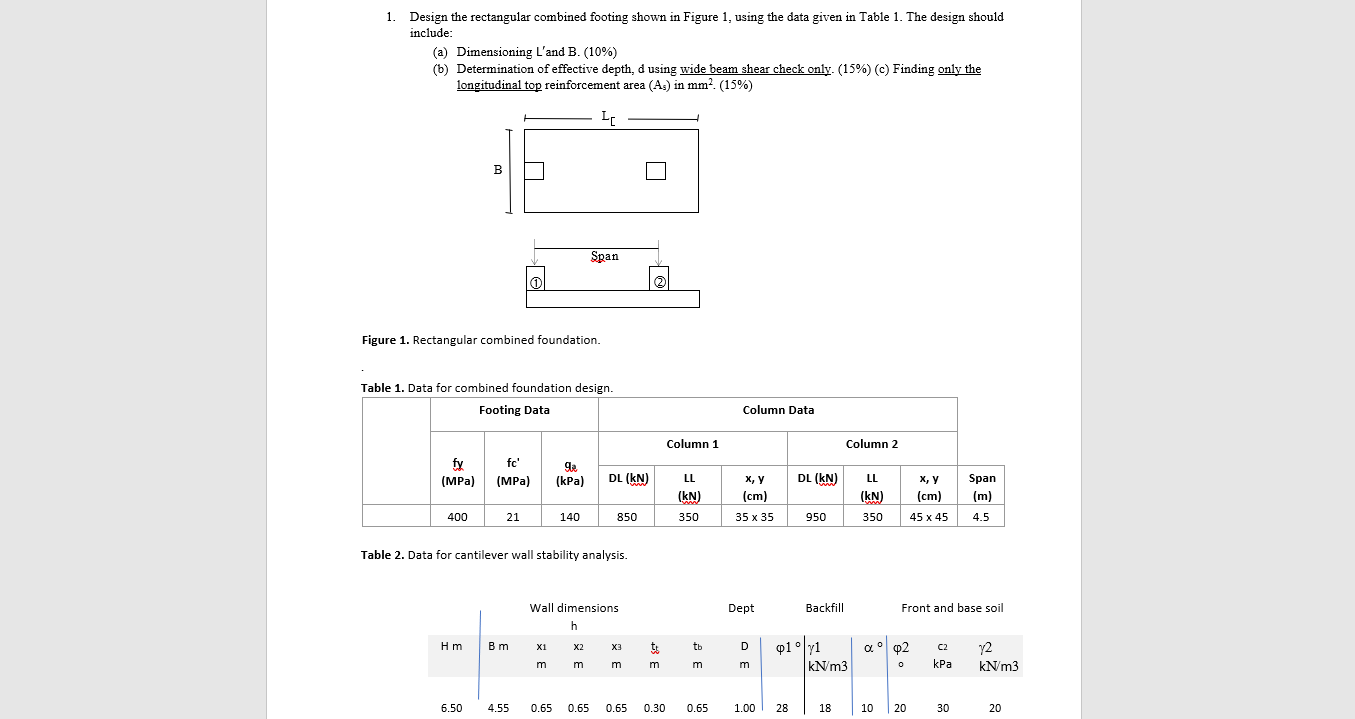 DL (kN) 1. Design the rectangular combined footing | Chegg.com
