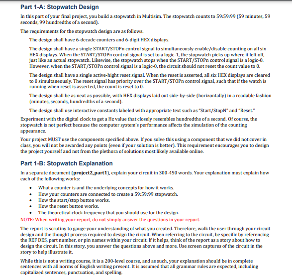 Solved Part 1-A: Stopwatch Design In this part of your final | Chegg.com