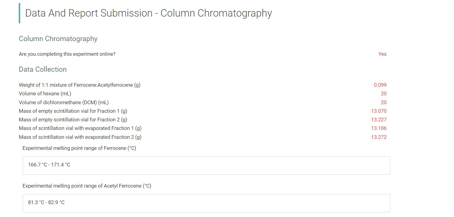 Solved 1 Data And Report Submission - Column Chromatography | Chegg.com