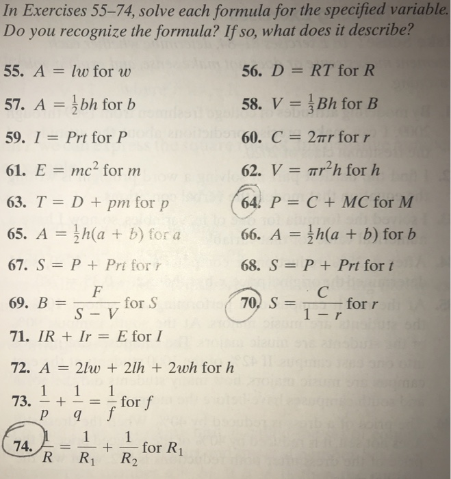 Solved In Exercises 55-74, solve each formula for the | Chegg.com
