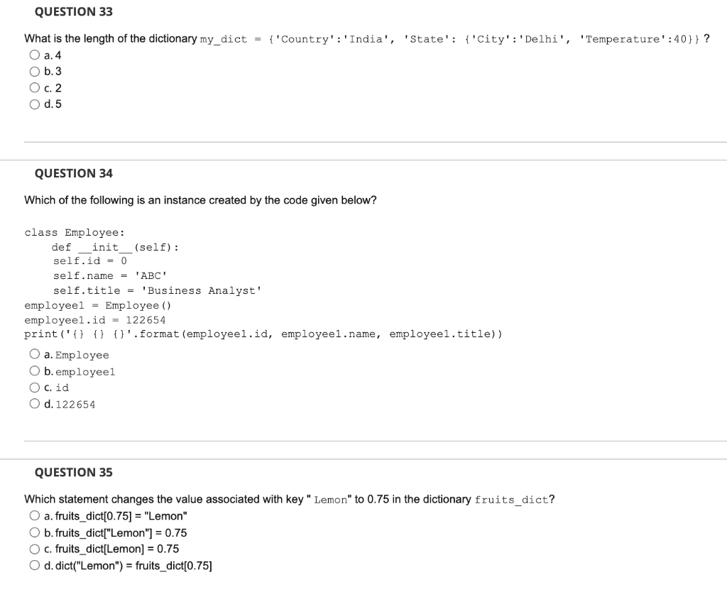 Solved QUESTION 33 What is the length of the dictionary | Chegg.com