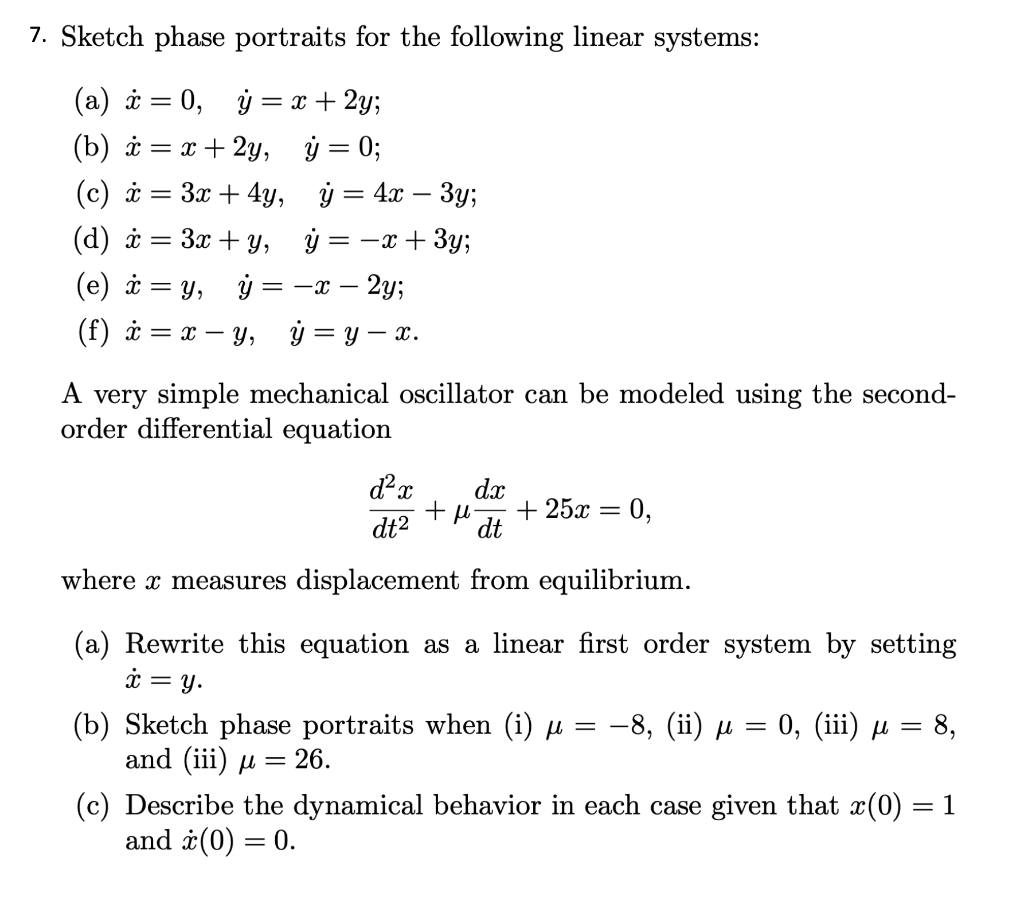 Solved 7. Sketch phase portraits for the following linear | Chegg.com