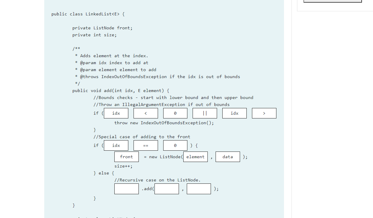 Solved public class LinkedList { private ListNode front; | Chegg.com