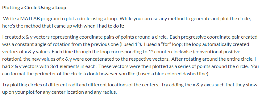 Solved Plotting A Circle Using A Loop Write A Matlab Program