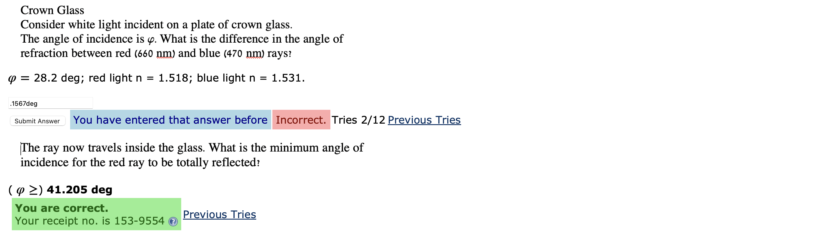 Solved Crown GlassConsider white light incident on a plate | Chegg.com