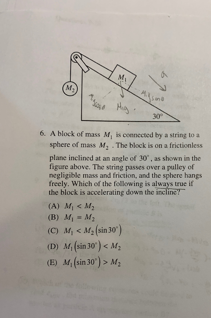 Solved M. 서, 30o 6. A block of mass M, is connected by a | Chegg.com