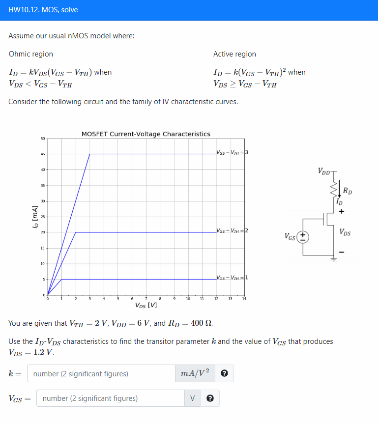 Solved You are given that VTH=2 VVTH=2 V, VDD=6 VVDD=6 | Chegg.com