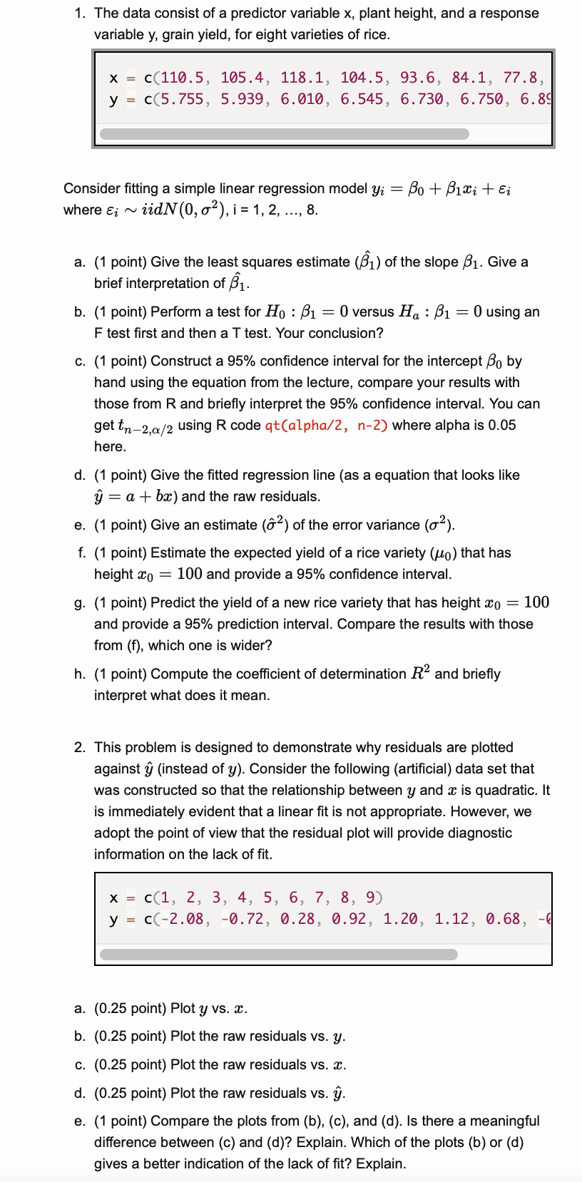 1. The data consist of a predictor variable x, plant | Chegg.com