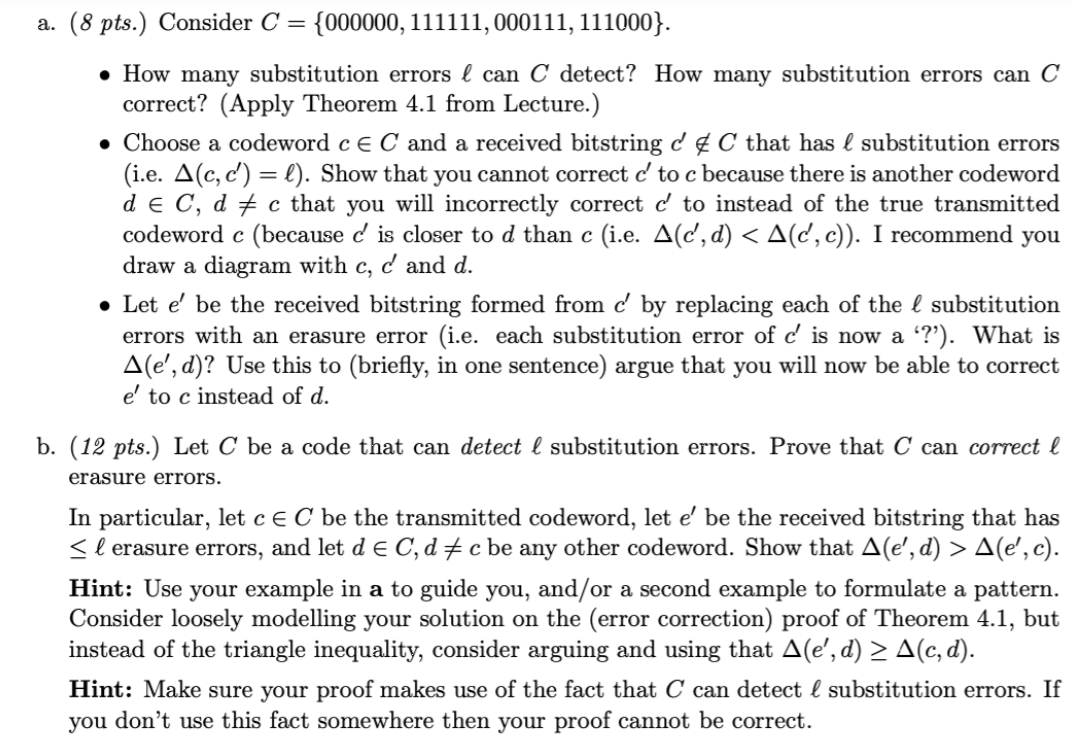 a. (8 pts.) Consider C = {000000, 111111, 000111, | Chegg.com