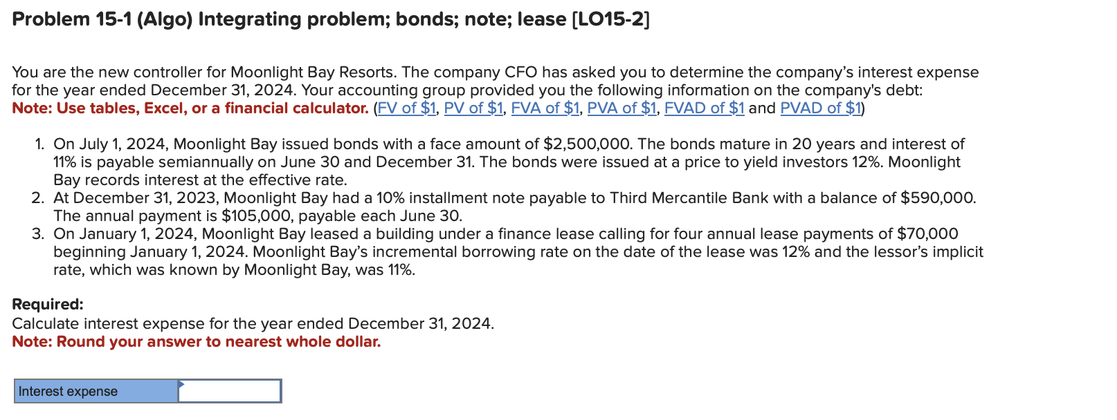 Solved Problem 15-1 (Algo) ﻿Integrating problem; bonds; | Chegg.com
