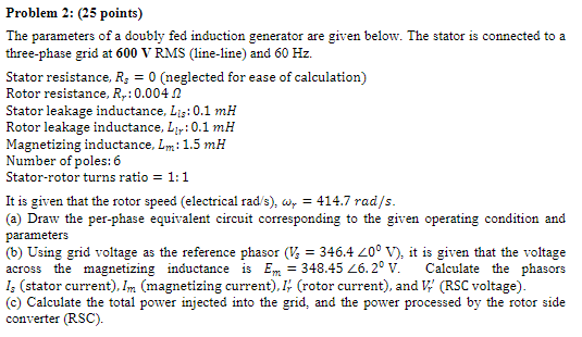 The parameters of a doubly fed induction generator | Chegg.com