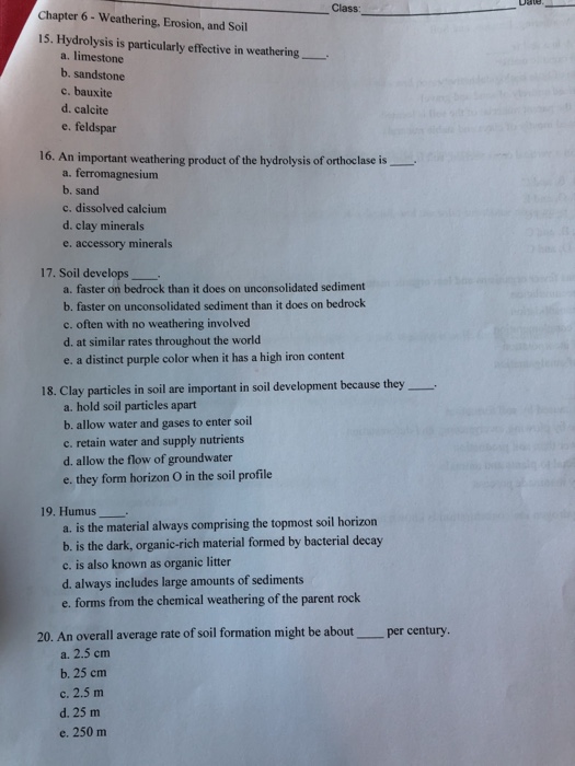 Solved Chapter 6- Weathering, Erosion, and Soil 9. Pressure | Chegg.com