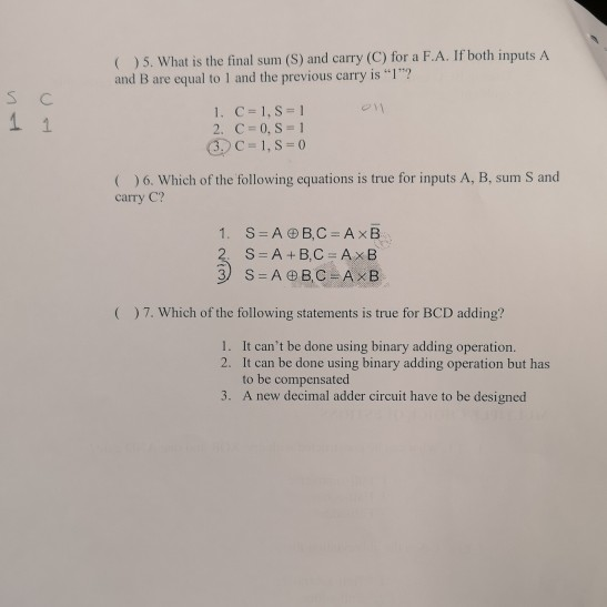 Solved 5. What is the final sum (S) and carry (C) for a F.A. | Chegg.com