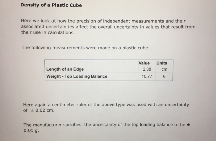Solved Density of a Plastic Cube Here we look at how the | Chegg.com