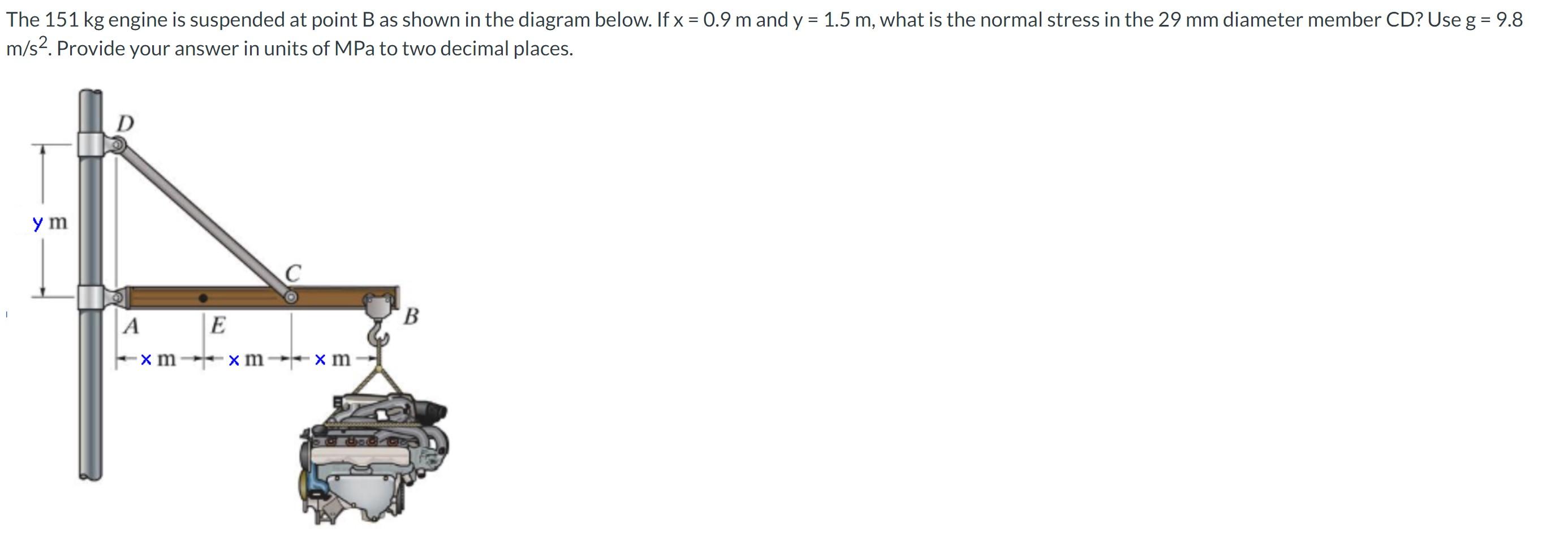 Solved The 151 kg engine is suspended at point B as shown in | Chegg.com