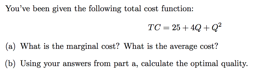 Solved You've been given the following total cost function: | Chegg.com
