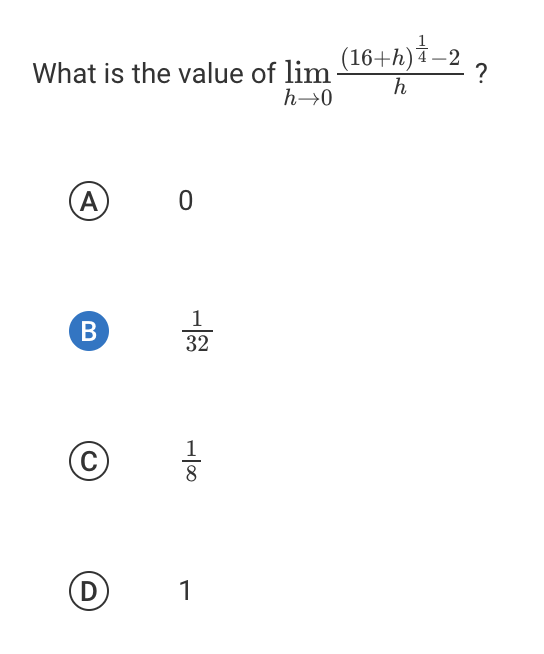 Solved value of limh→0h(16+h)41−2 0 321 81 | Chegg.com