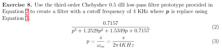 Exercise 8. Use the third-order Chebyshev 0.5 dB | Chegg.com