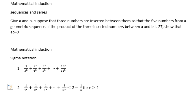 Solved Mathematical induction sequences and series Give a | Chegg.com