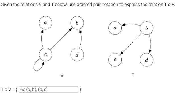 Solved Given the relations V and T below, use ordered pair | Chegg.com