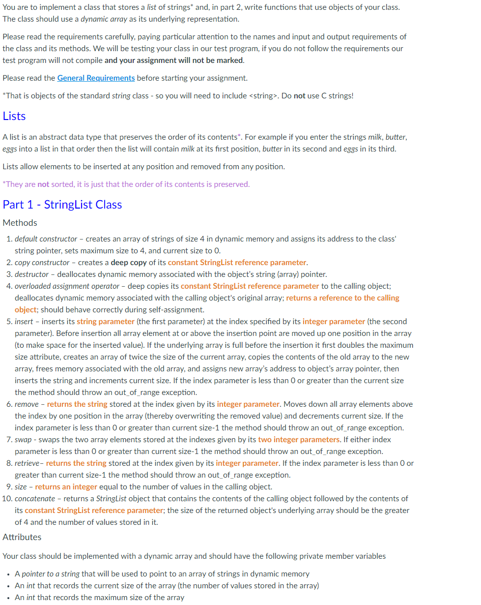 Solved As described below it requires in C++ 10 StringList | Chegg.com