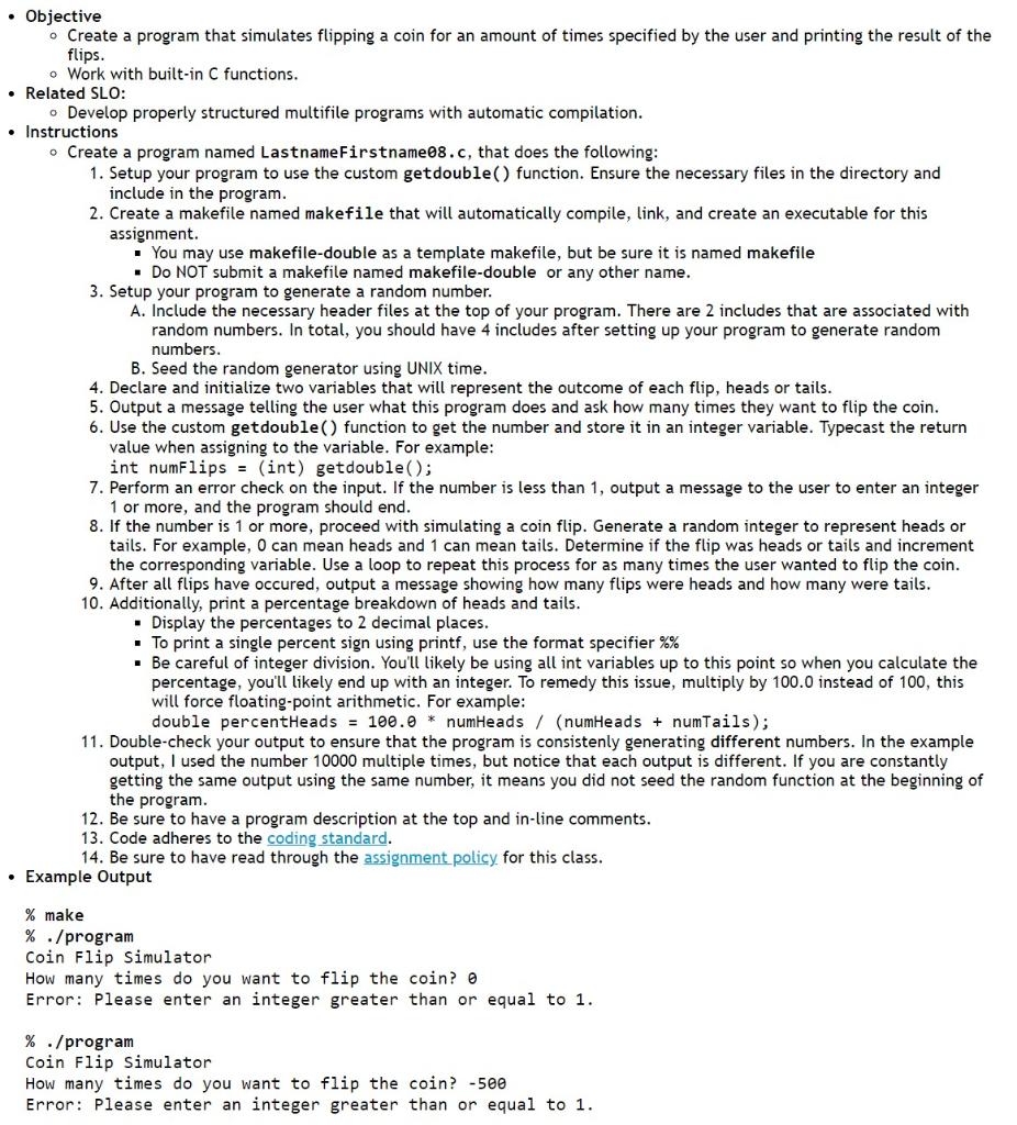 Solved flips. - Work with built-in C functions. lated SLO: - | Chegg.com