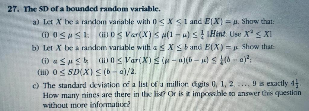 Solved 27. The SD of a bounded random variable. a) Let X be | Chegg.com