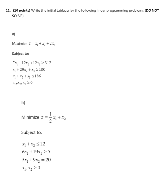 Solved 11. (10 points) Write the initial tableau for the | Chegg.com