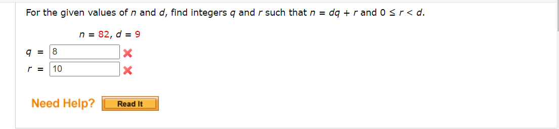 Solved For the given values of n and d, find integers q and | Chegg.com