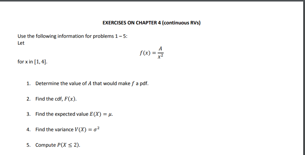 Solved Exercises On Chapter 4 Continuous Rvs Use The 