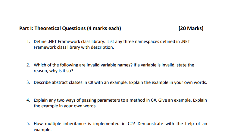 Solved Part I: Theoretical Questions (4 marks each) [20 | Chegg.com
