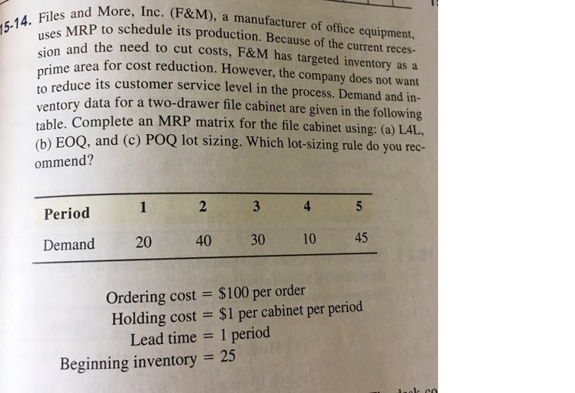 Solved d More, Inc. (F&M), a manufacturer of office | Chegg.com