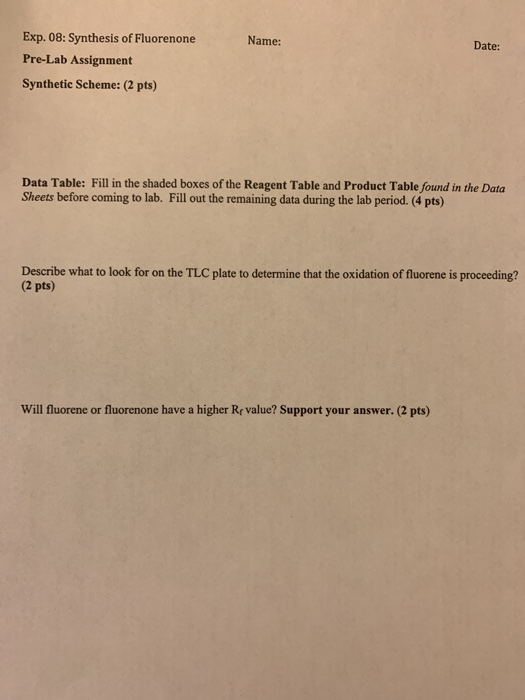 Exp. 08: Synthesis of Fluorenone Pre-Lab Assignment | Chegg.com