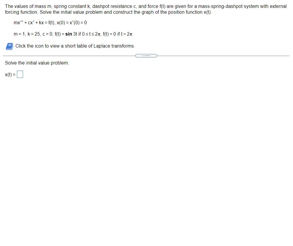 Solved The values of mass m, spring constant k, dashpot | Chegg.com