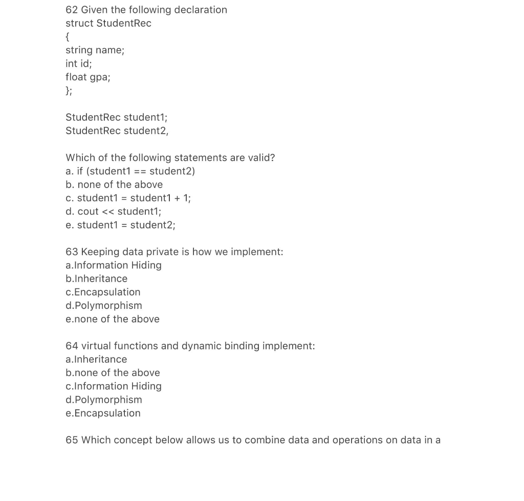 Solved 62 Given the following declaration struct StudentRec | Chegg.com