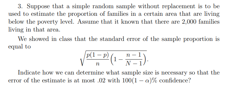 Solved 3. Suppose that a simple random sample without | Chegg.com