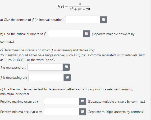 Solved f(x)=x2+9x+20x a) Give the domain of f (in interval | Chegg.com
