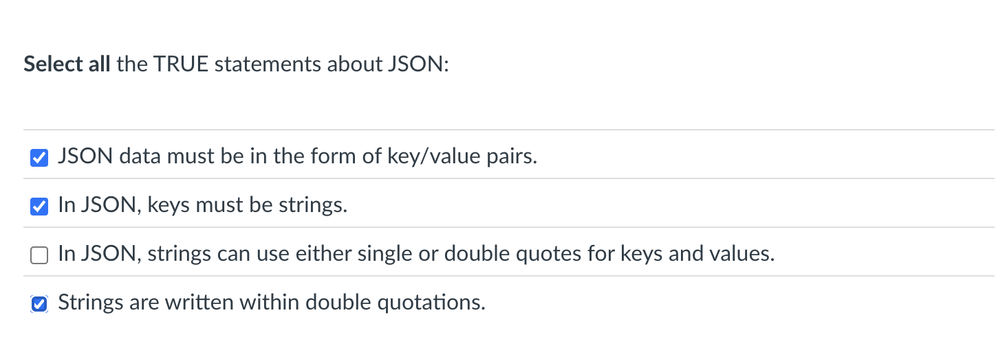 Solved Select all the TRUE statements about JSON:JSON data | Chegg.com