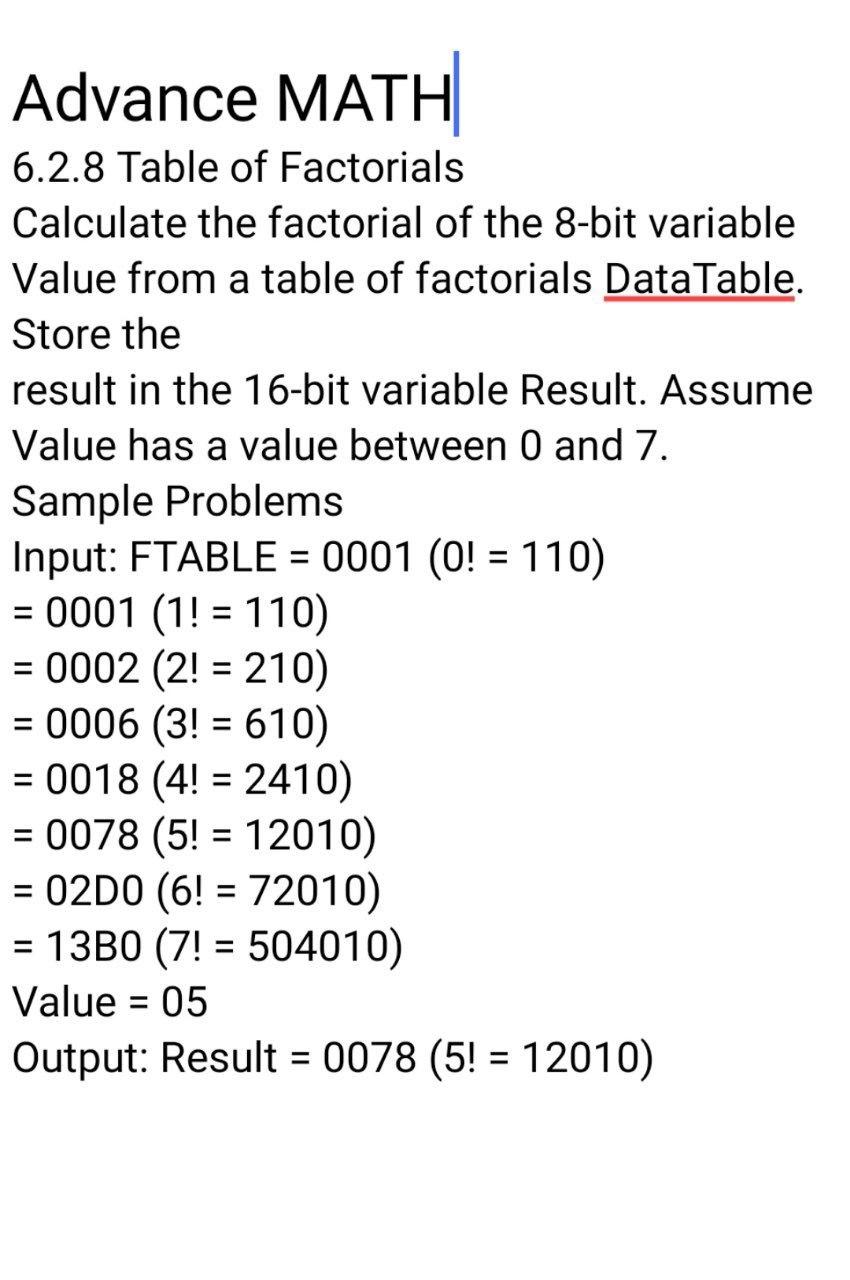 Solved Advance MATH 6.2.8 Table of Factorials Calculate the | Chegg.com