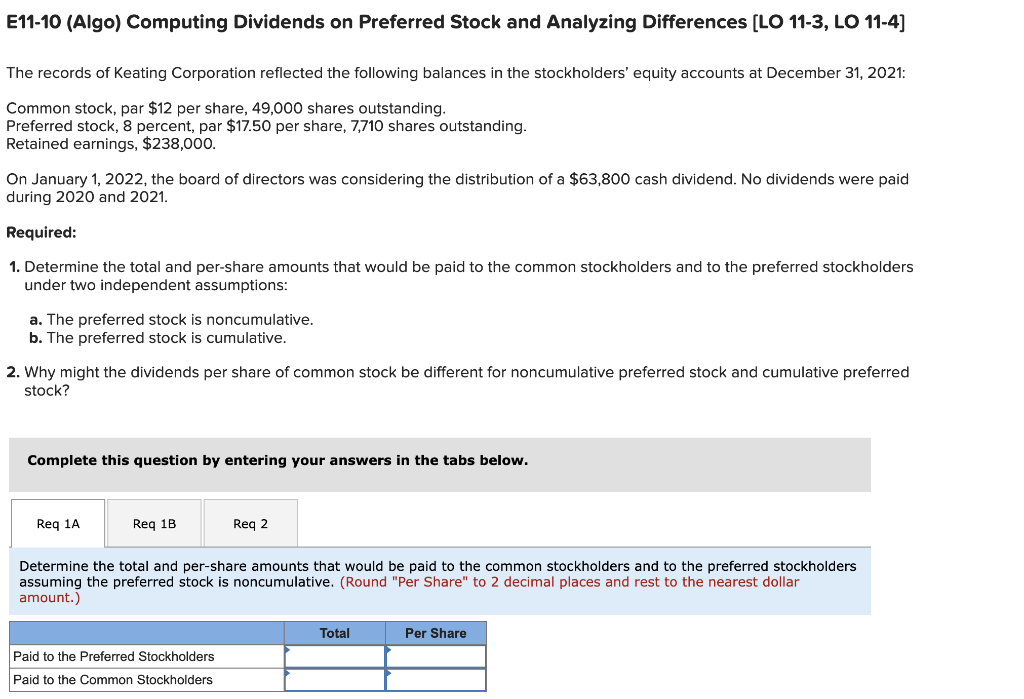 Solved E11-10 (Algo) Computing Dividends on Preferred Stock | Chegg.com