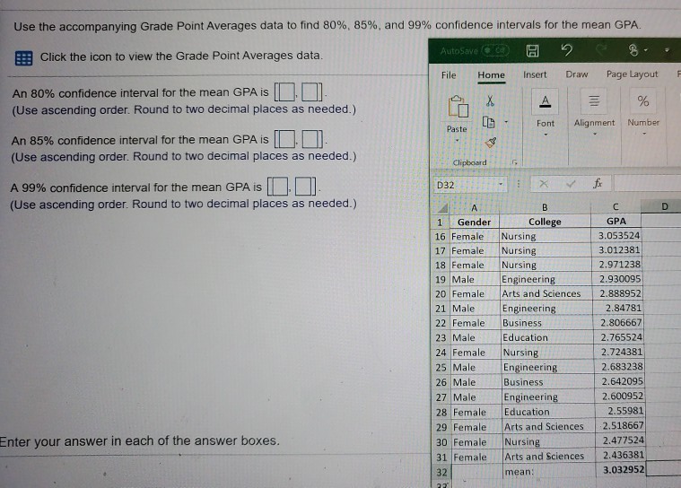 Solved F B Use the accompanying Grade Point Averages data to | Chegg.com