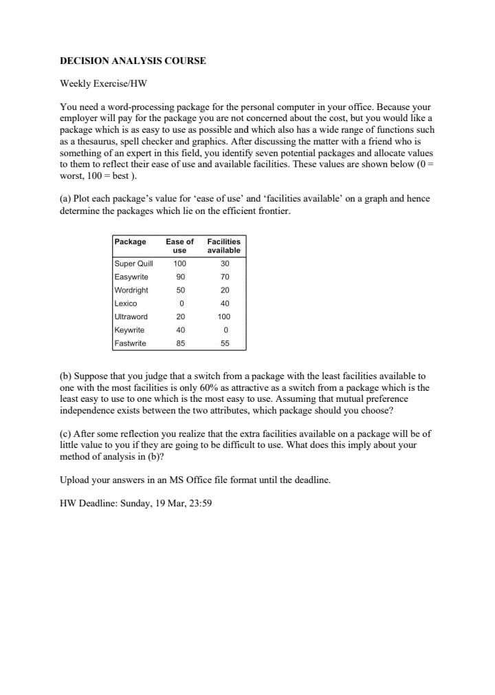 Solved DECISION ANALYSIS COURSE Weekly Exercise/HW You need | Chegg.com