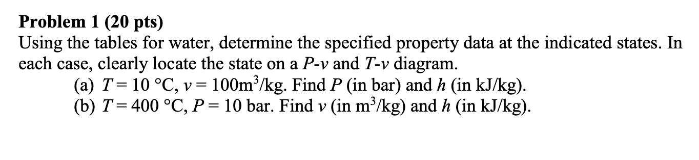 Solved Problem 1 (20 pts) Using the tables for water, | Chegg.com